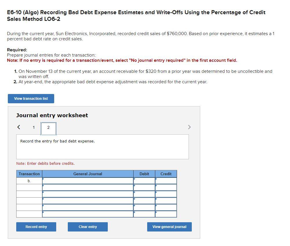 Solved E6-10 (Algo) Recording Bad Debt Expense Estimates and | Chegg.com