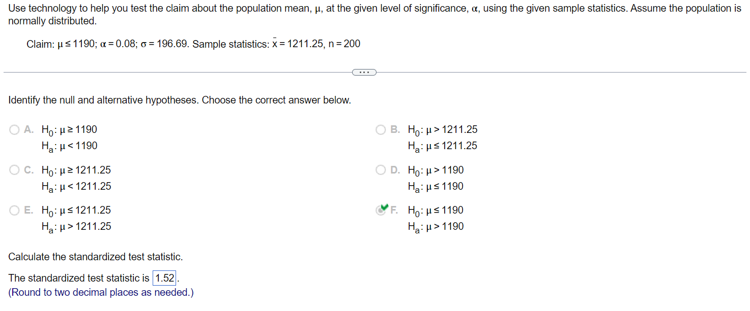 Solved Test the claim about the population mean, μ, at the | Chegg.com