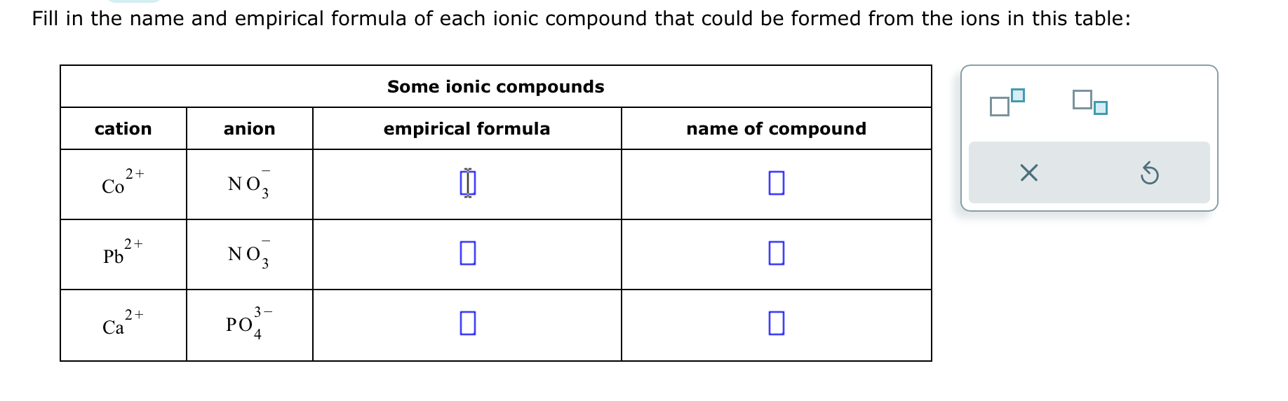 Solved Fill in the name and empirical formula of each ionic | Chegg.com