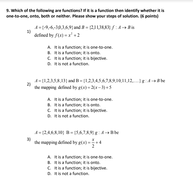 Solved 9. Which of the following are functions? If it is a | Chegg.com