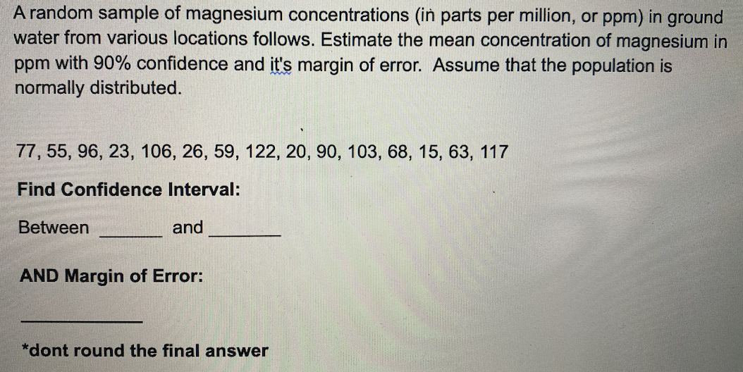 Solved A random sample of magnesium concentrations (in parts | Chegg.com