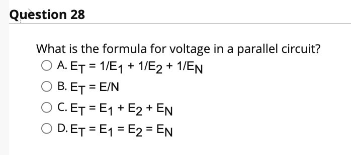 Solved Question 28 + = What is the formula for voltage in a | Chegg.com