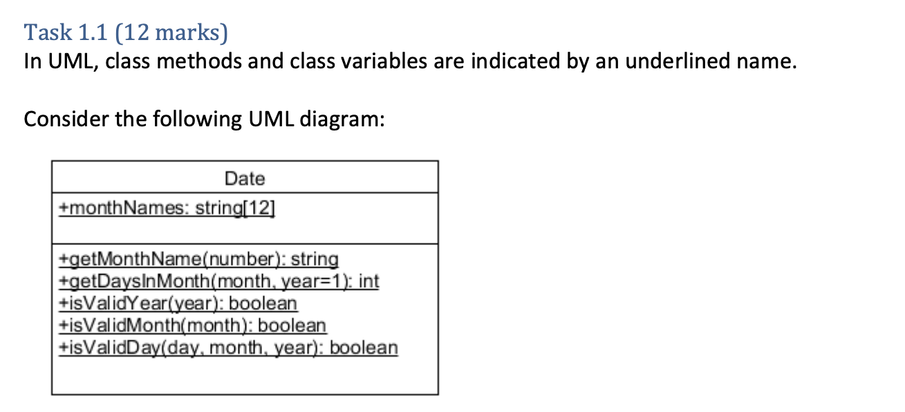 Solved Task 1.1 (12 marks) In UML, class methods and class | Chegg.com