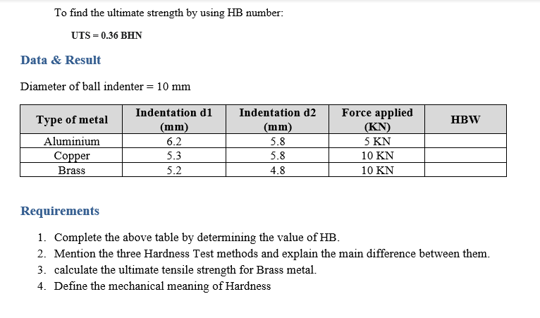 Solved To find the ultimate strength by using HB number: UTS | Chegg.com