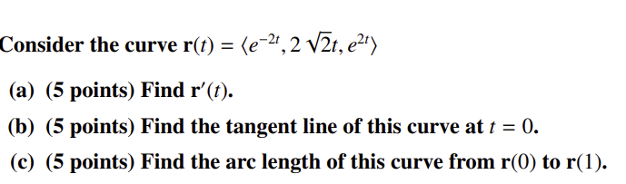 Solved Consider the curve r(t)= e−2t,22t,e2t (a) (5 points) | Chegg.com