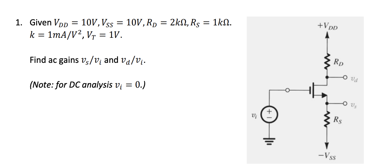 Solved Given Vdd=10V, Vss=10V, Rd=2kiloOhm, Rs=1kiloPhm | Chegg.com