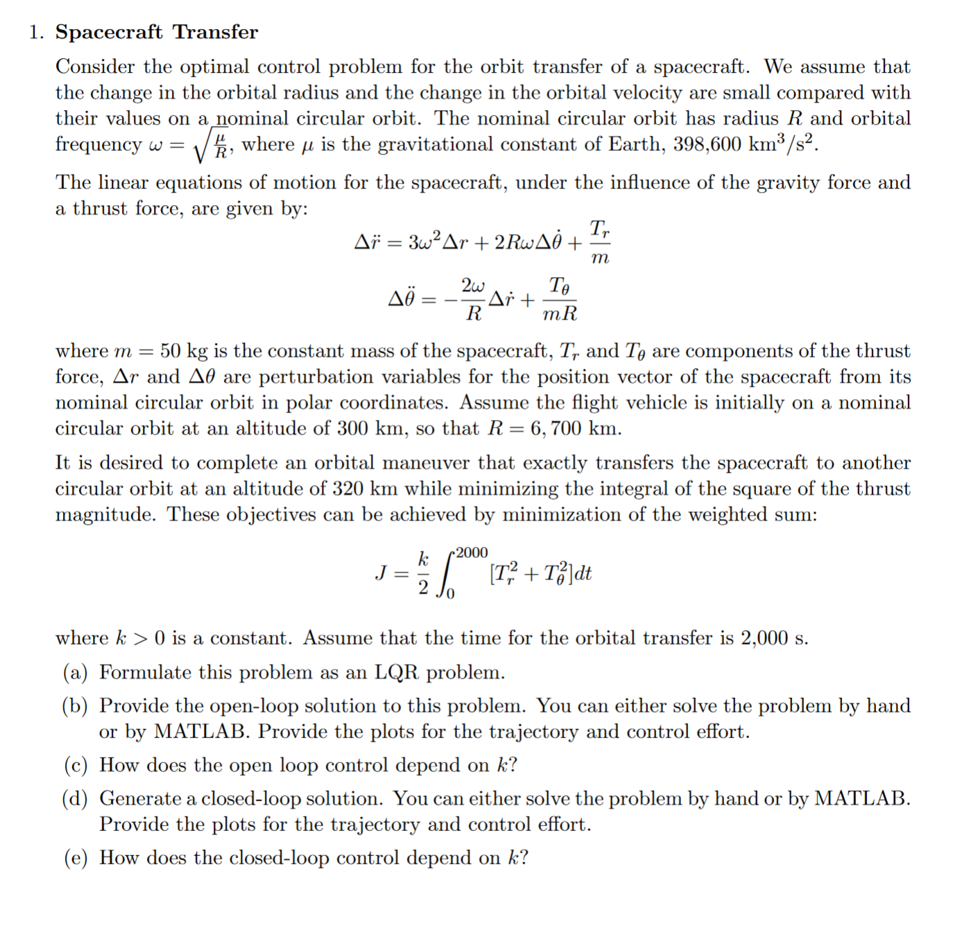 Solved Spacecraft Transfer Consider The Optimal Control