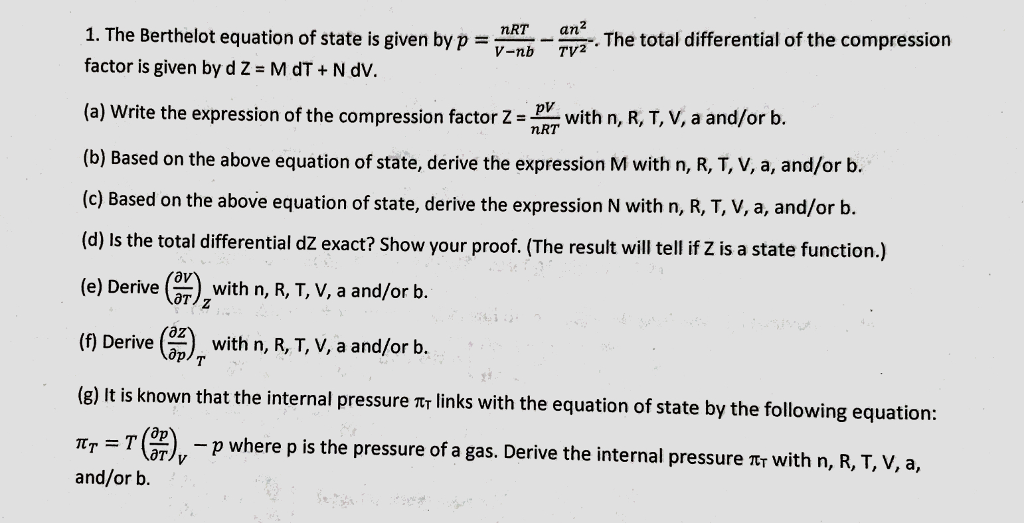 Solved The Berthelot equation of state is given by | Chegg.com
