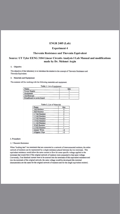 ENGR 2405 (Lab) Experiment 4 Thevenin Resistance and | Chegg.com