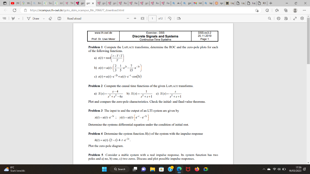 Solved Problem 1 Compute the LAPLACE transforms, determine | Chegg.com