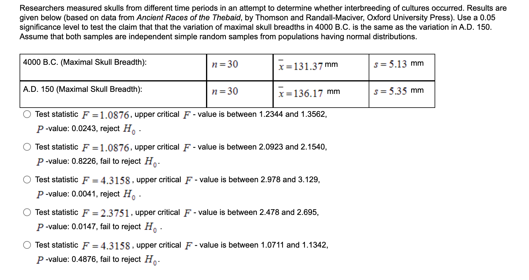 Solved Researchers measured skulls from different time | Chegg.com