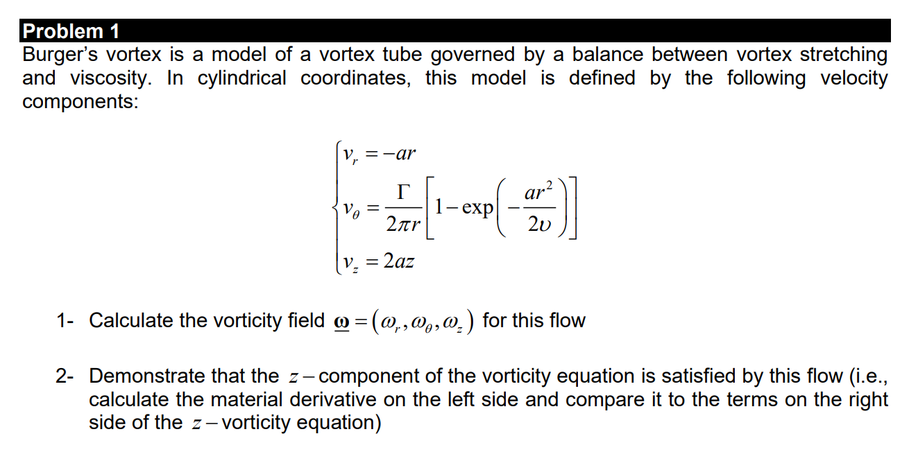 Solved Problem 1 Burger's vortex is a model of a vortex tube | Chegg.com