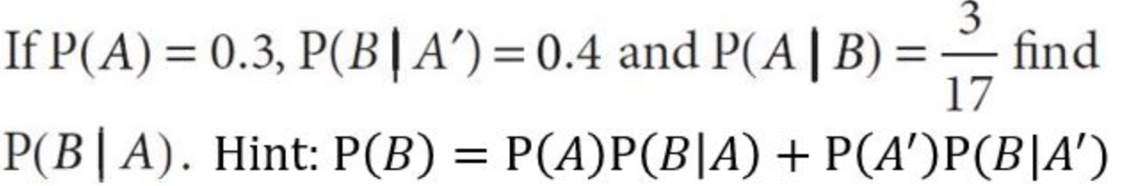 Solved If P(A)=0.3,P(B∣A′)=0.4 and P(A∣B)=173 find P(B∣A). | Chegg.com