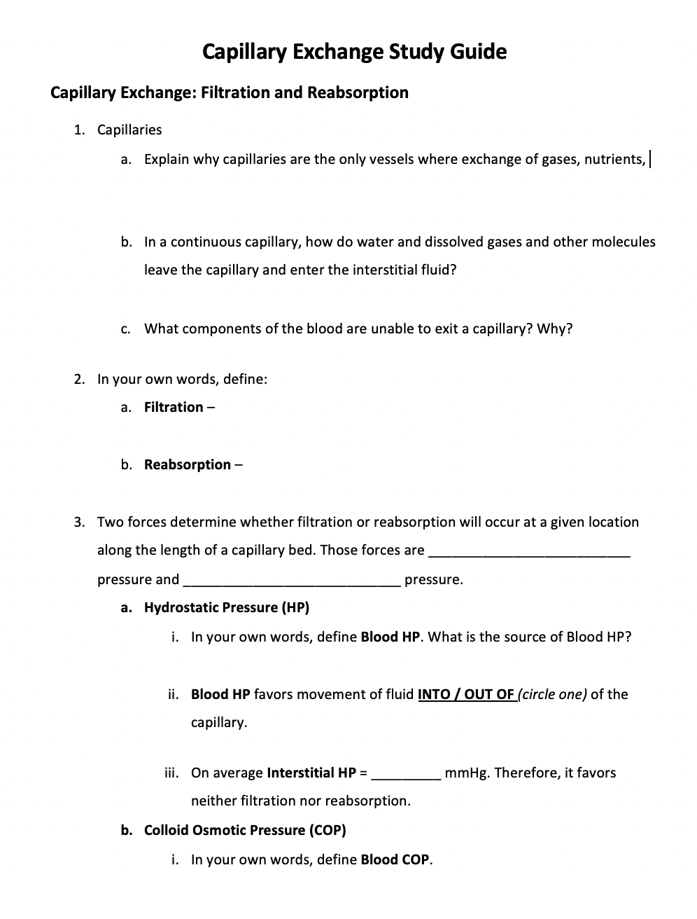Capillary Exchange Study Guide Capillary Exchange: | Chegg.com