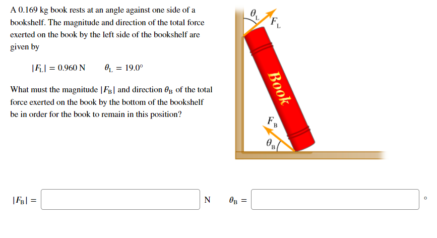 Solved F A 0.169 kg book rests at an angle against one side | Chegg.com