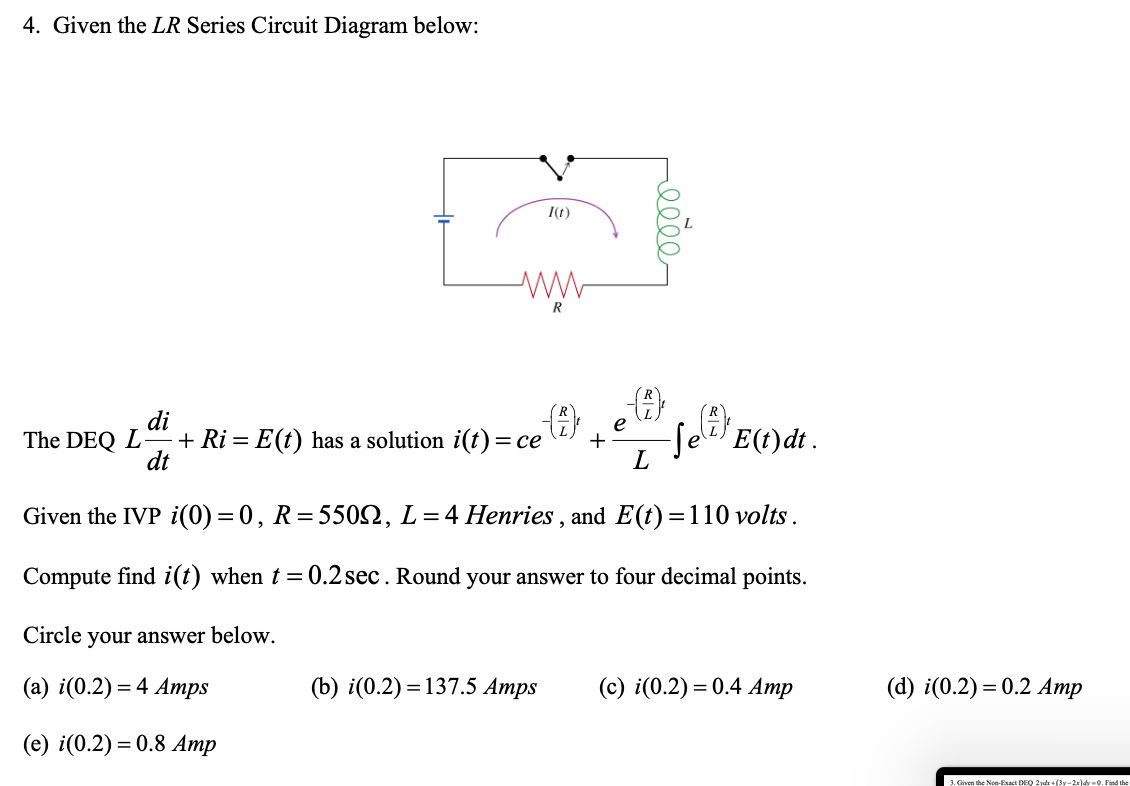 Solved 4. Given the LR Series Circuit Diagram below: I() R | Chegg.com