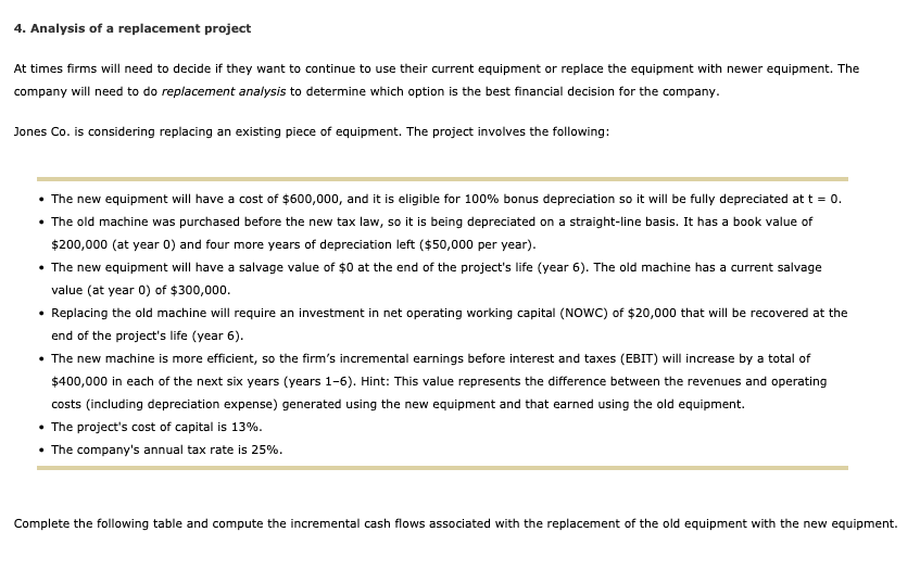 Solved 4. Analysis of a replacement project At times firms | Chegg.com