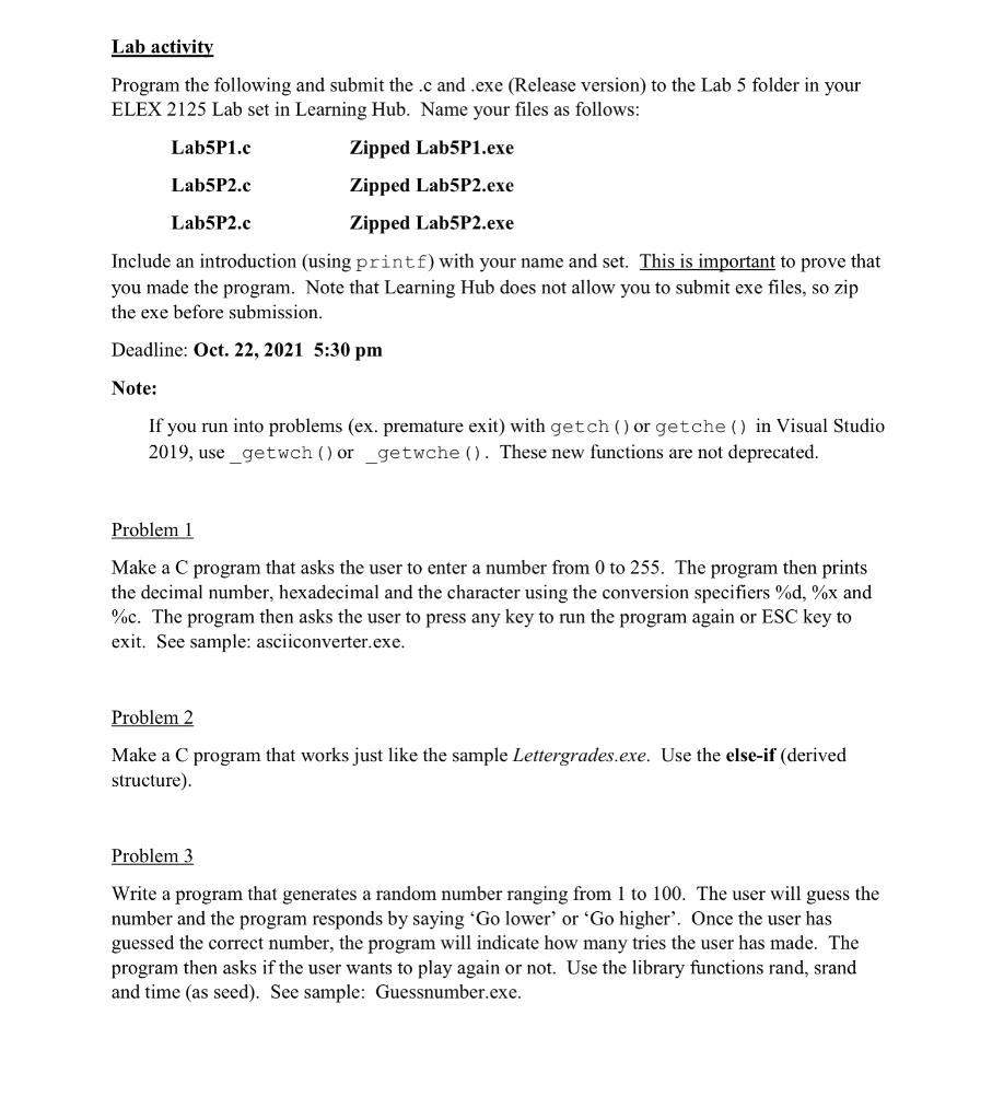 Solved Lab activity Program the following and submit the .c | Chegg.com