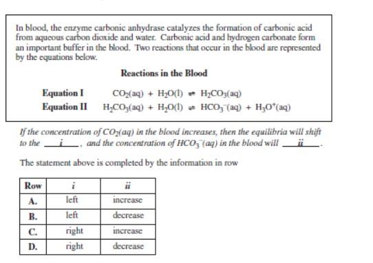 Solved In blood, the enzyme carbonic anhydrase catalyzes the | Chegg.com
