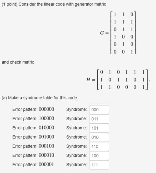 Solved (1 point) Consider the linear code with generator | Chegg.com