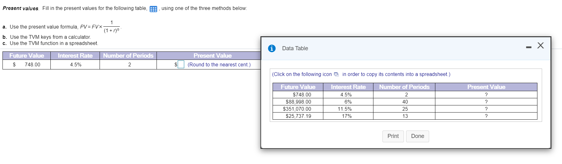 Solved Present values. Fill in the present values for the | Chegg.com