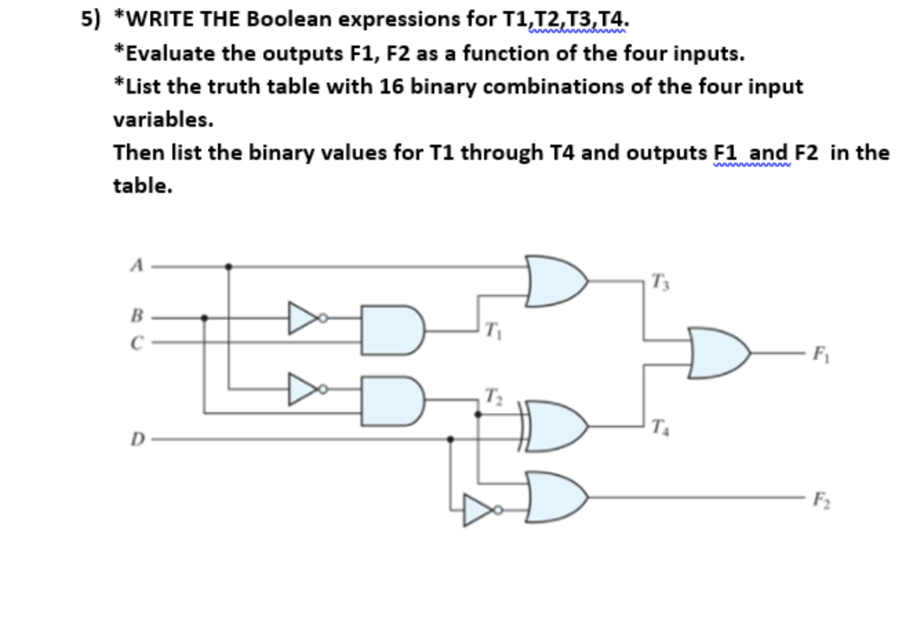 Solved 5) *WRITE THE Boolean expressions for T1,T2, T3,T4. | Chegg.com