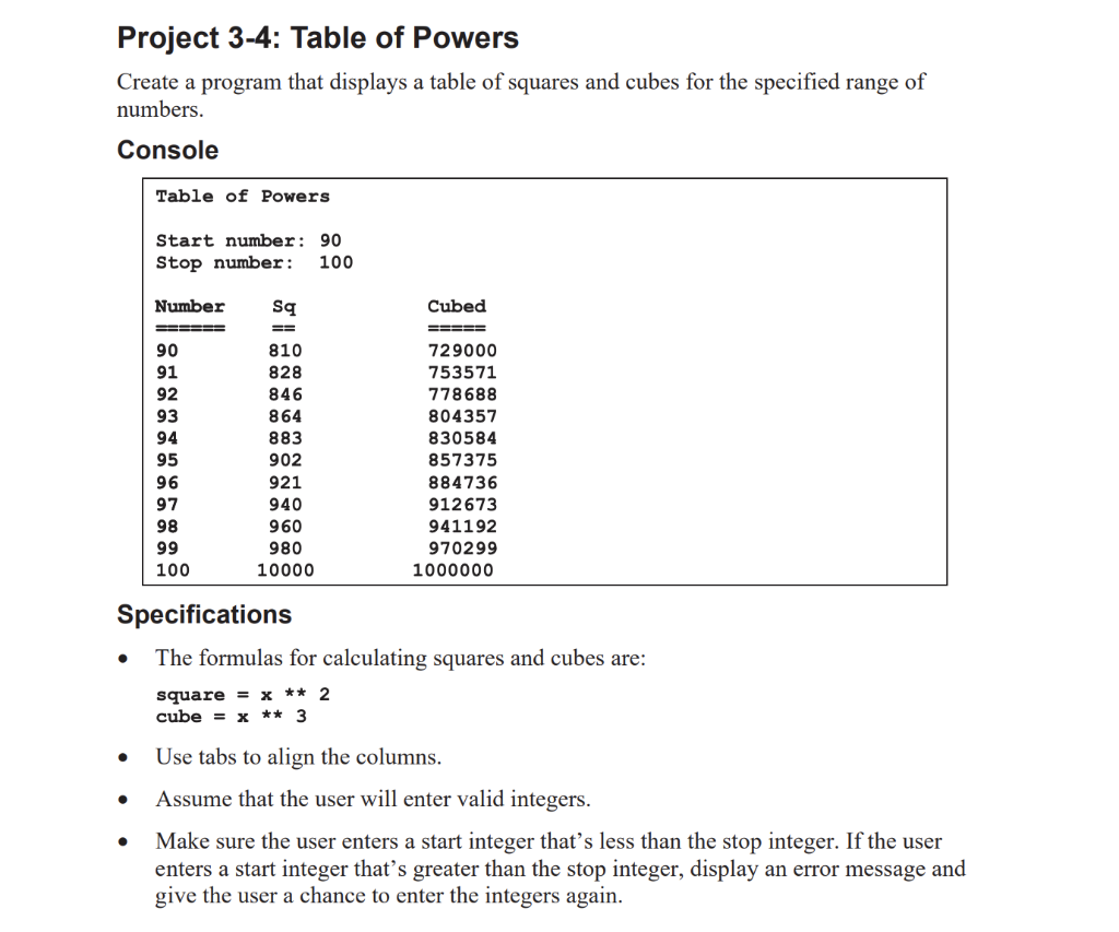 Solved Project 3-4: Table of Powers Create a program that | Chegg.com