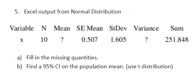 Solved 5. Excel output from Normal Distribution Sum Variable | Chegg.com