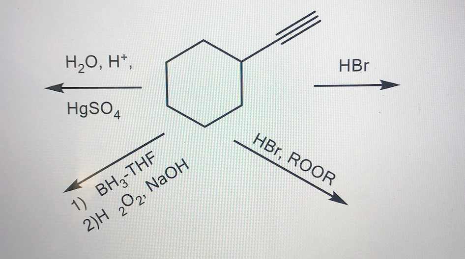 Solved H2O, H+, HBr HgSO4 HBr, ROOR 1) BH3-THE 2 H 2O2, NaOH | Chegg.com