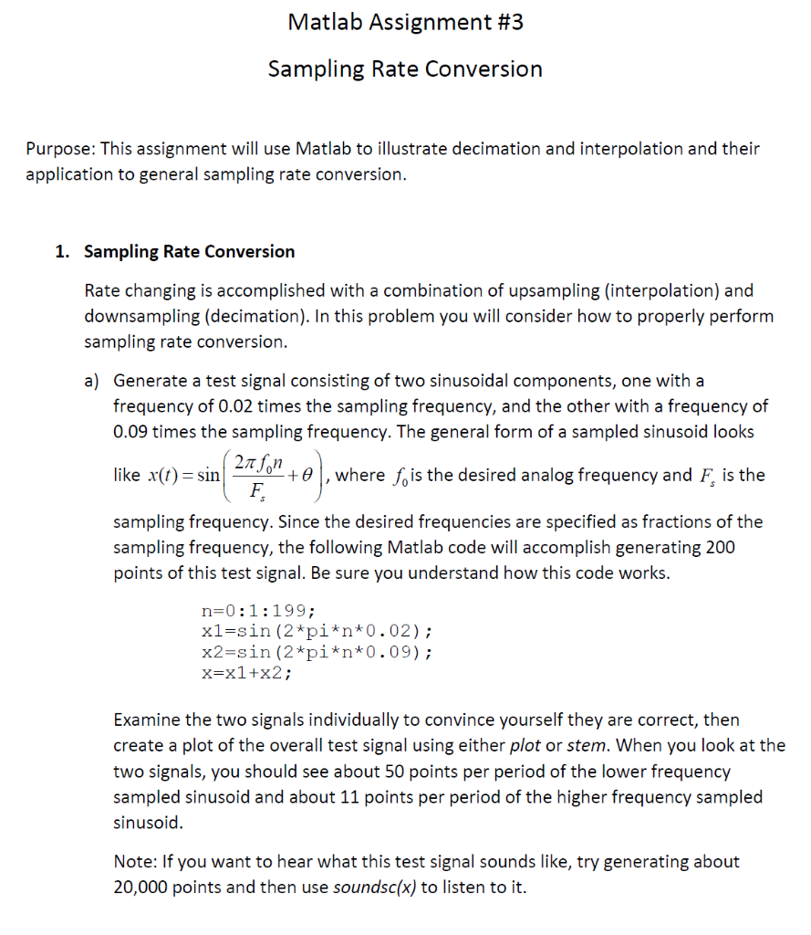 Matlab Assignment #3 Sampling Rate Conversion | Chegg.com