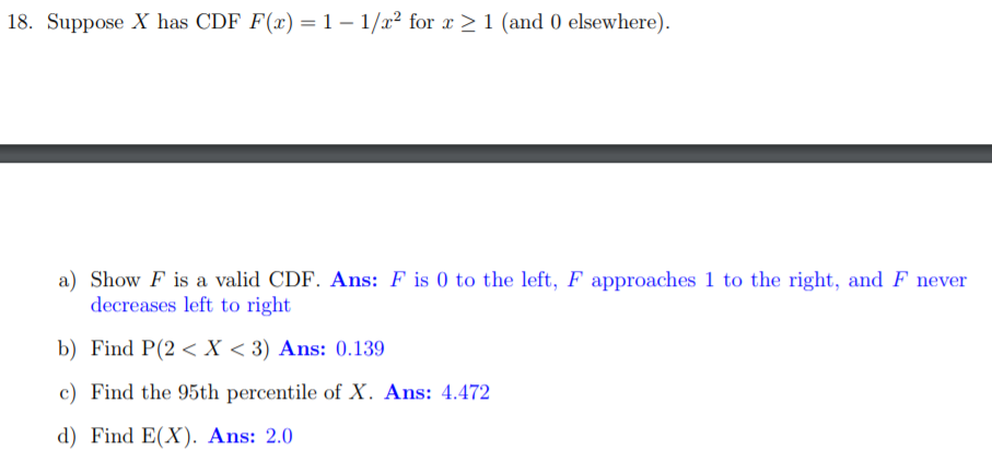 Solved 18. Suppose X has CDF F(x) 1-1/2 for 21 (and 0 | Chegg.com