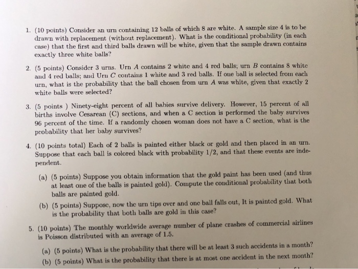 Solved 1. (10 points) Consider an urn containing 12 balls of | Chegg.com