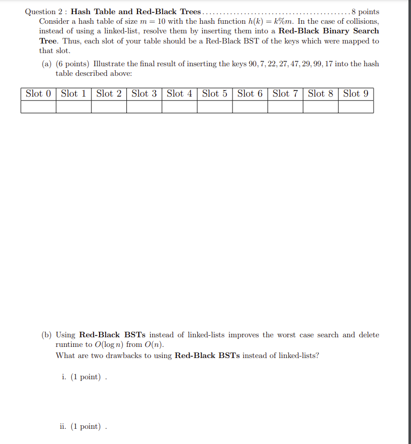 Question 2: Hash Table and Red-Black Trees | Chegg.com
