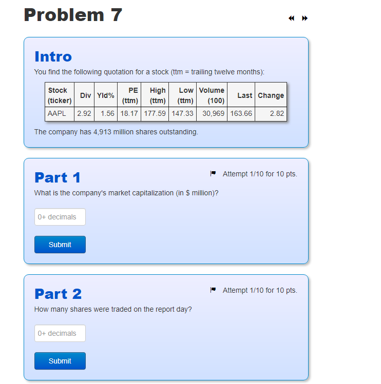 Solved You find the following quotation for a stock (ttm = | Chegg.com