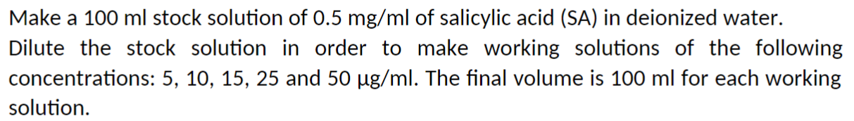 Solved Make a 100ml stock solution of 0.5mg/ml of salicylic | Chegg.com