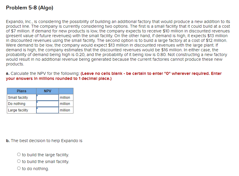 Solved Problem 5-8 (Algo) Expando, Inc., is considering the | Chegg.com