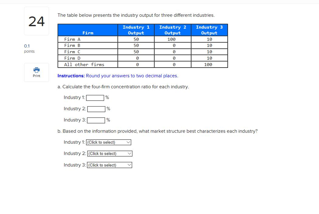 Solved The table below presents the industry output for | Chegg.com