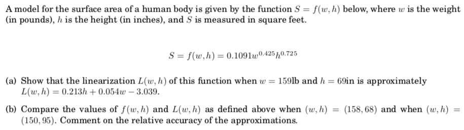 Solved A model for the surface area of a human body is given | Chegg.com