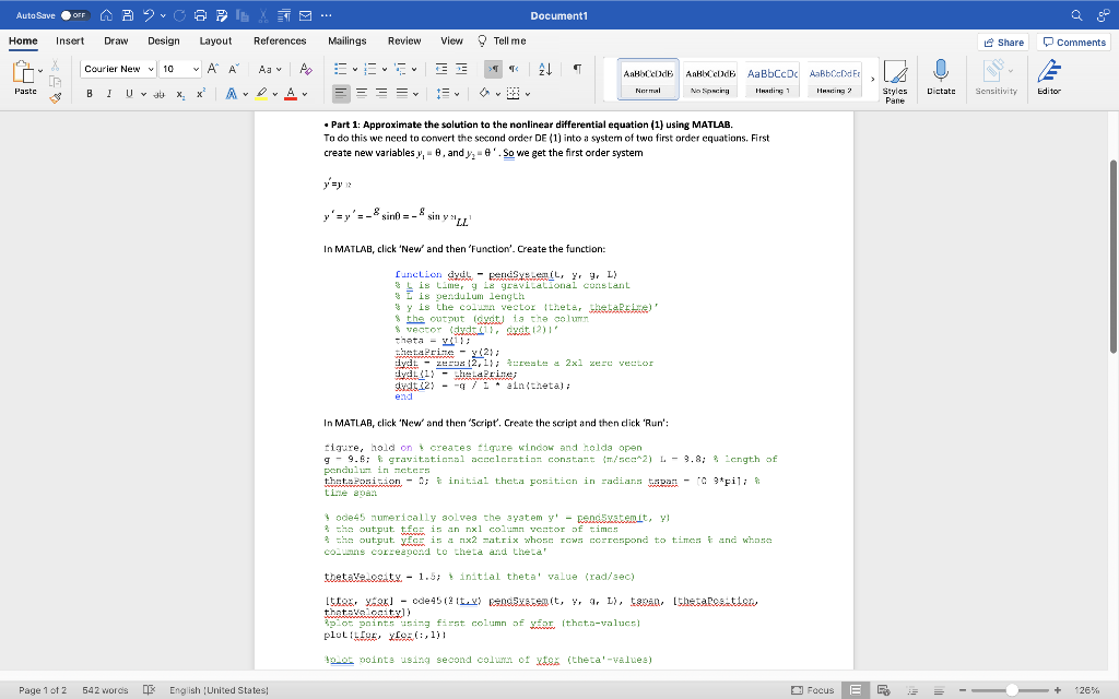 Solved MATLAB/OCTAVE PENDULUM LAB PART 2 MAT2310/2330 MATLAB | Chegg.com