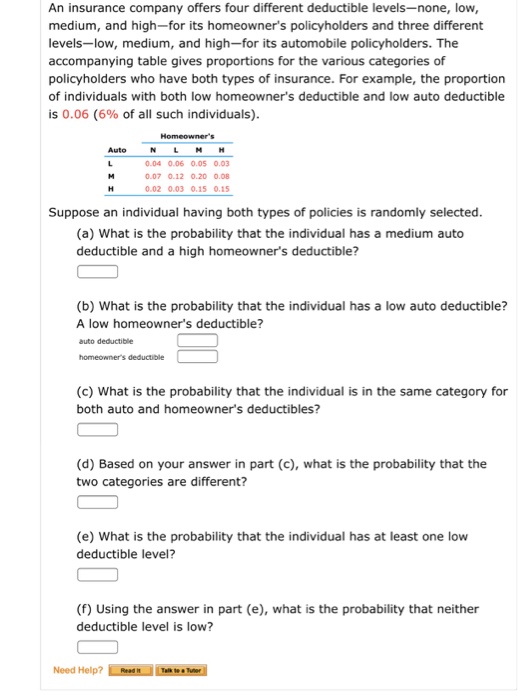 Solved An insurance company offers four different deductible | Chegg.com