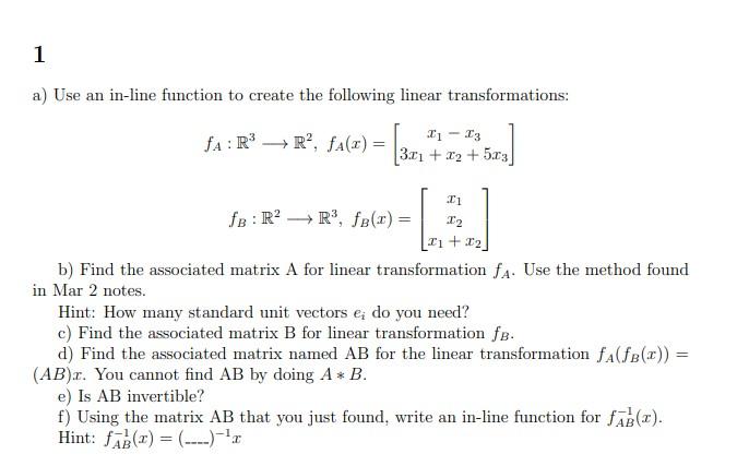 Solved 1 a) Use an in-line function to create the following | Chegg.com