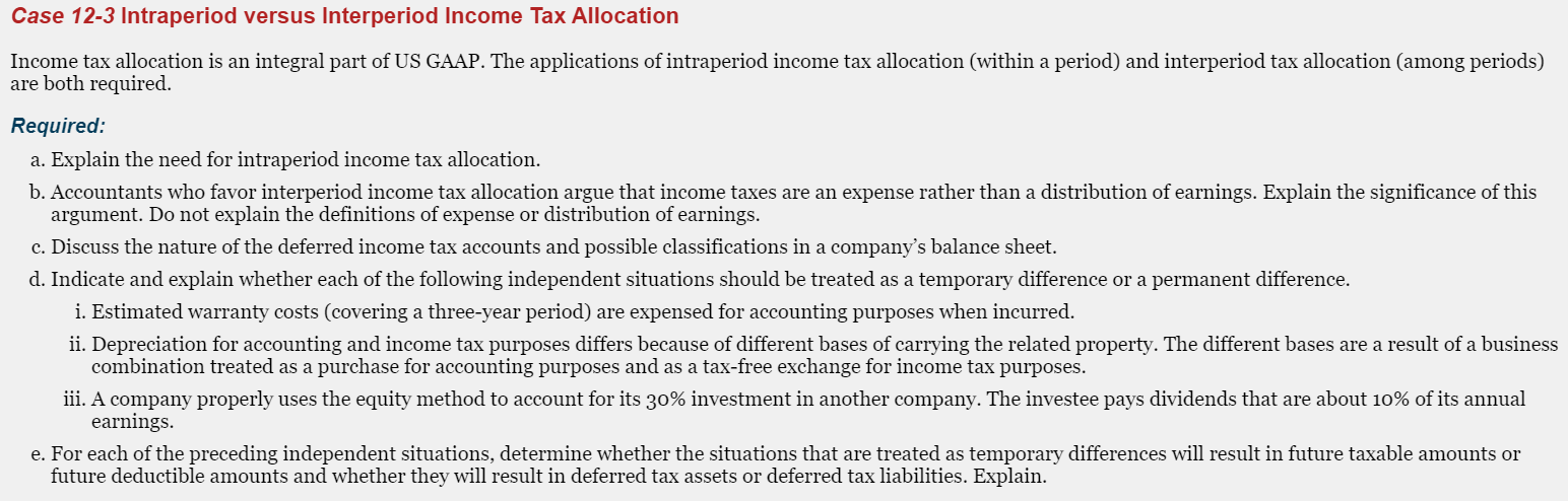 Solved Case 12-3 Intraperiod versus Interperiod Income Tax | Chegg.com