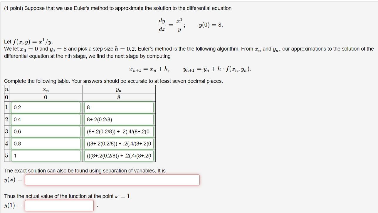Solved (1 point) Suppose that we use Euler's method to | Chegg.com