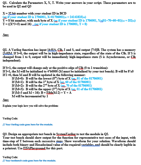 Q1. Calculate the Parameters X,Y,T. Write your | Chegg.com