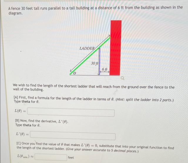 Solved A fence 30 feet tall runs parallel to a tall building | Chegg.com