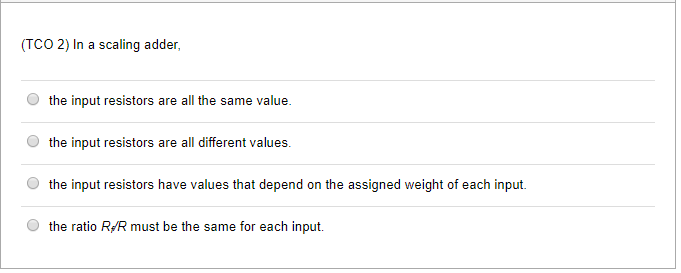 Solved (TCO 2) In a scaling adder, the input resistors are | Chegg.com