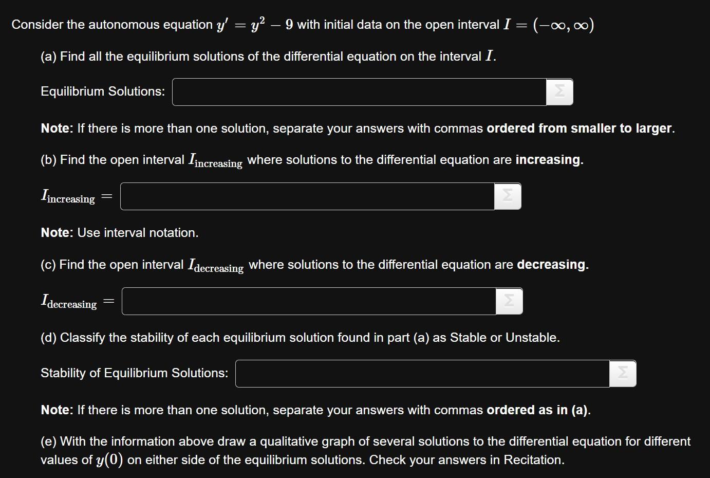 Solved Consider the autonomous equation y' = y2 – 9 with | Chegg.com