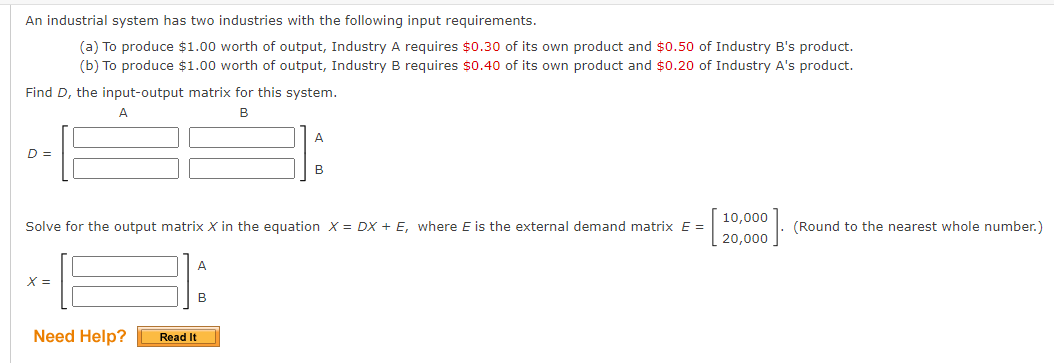 Solved An industrial system has two industries with the | Chegg.com