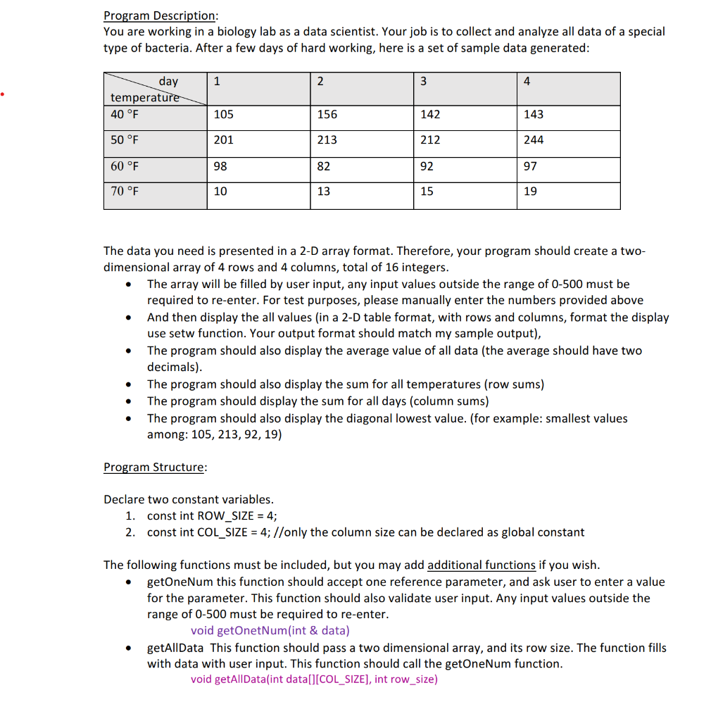 Solved Program Description: You are working in a biology lab | Chegg.com