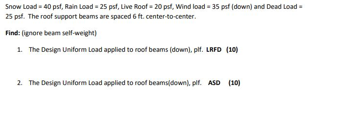 Solved Snow Load = 40 psf, Rain Load = 25 psf, Live Roof = | Chegg.com
